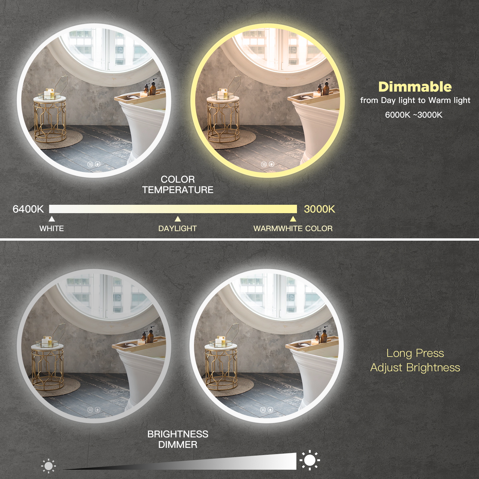 Round Shape Touch Sensor LED Mirror with Black Tape